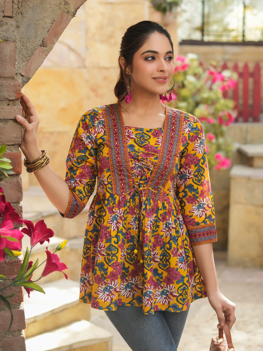 Women Mustard Floral Printed Pure Cotton Empire Tops – Rain & Rainbow