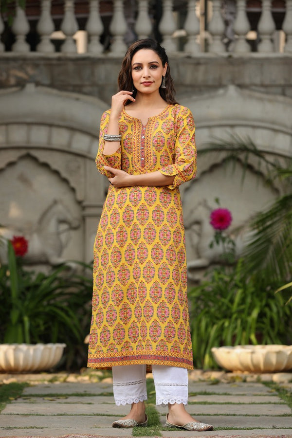 Women Musturd Ethnic Motifs Printed Pure Cotton Kurta – Rain & Rainbow
