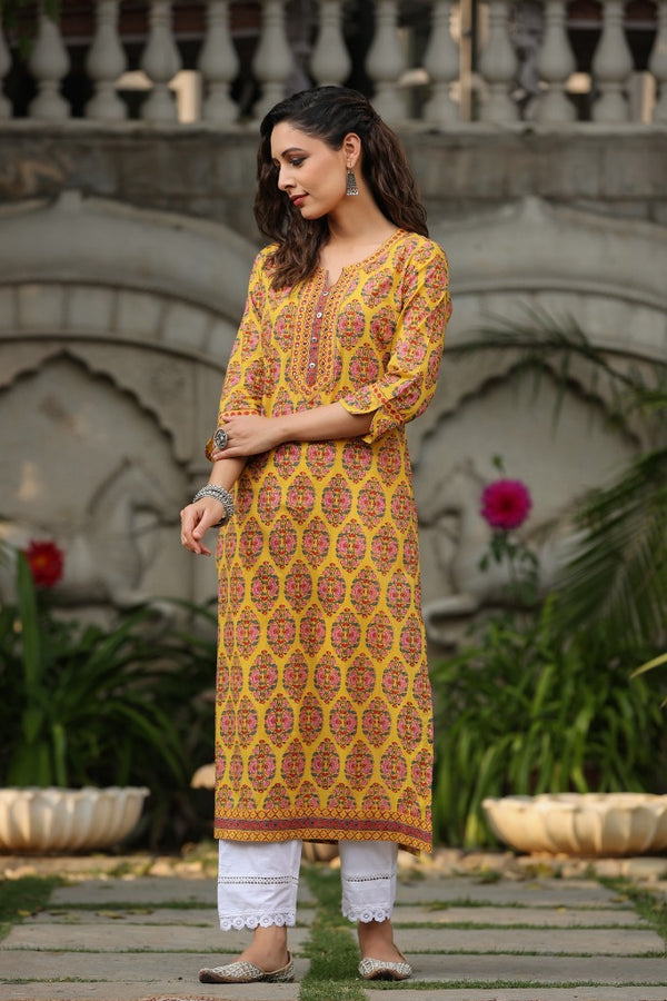 Women Musturd Ethnic Motifs Printed Pure Cotton Kurta – Rain & Rainbow