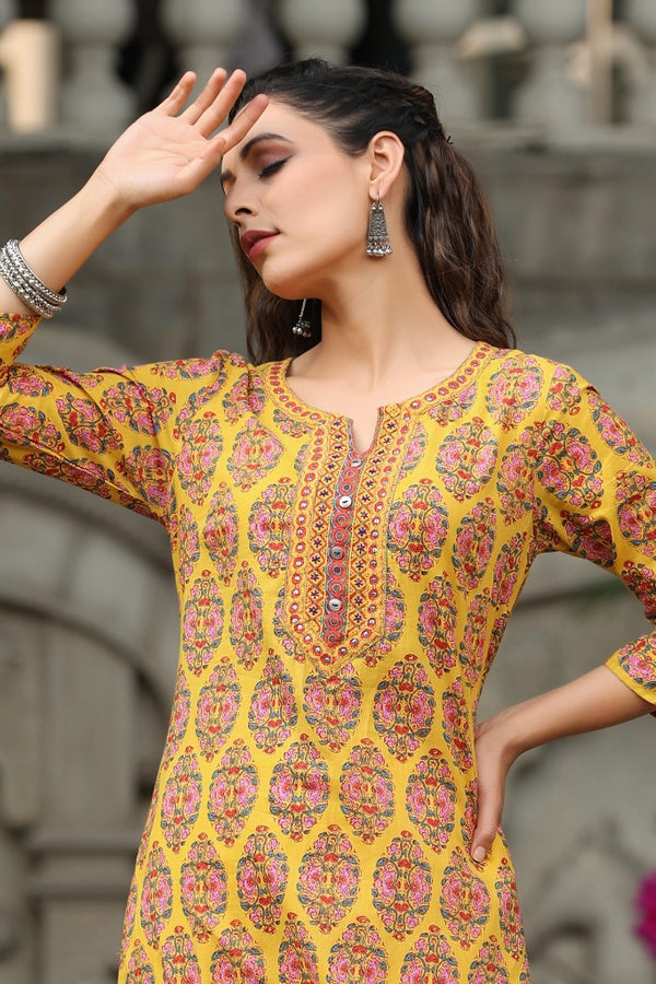 Women Musturd Ethnic Motifs Printed Pure Cotton Kurta – Rain & Rainbow
